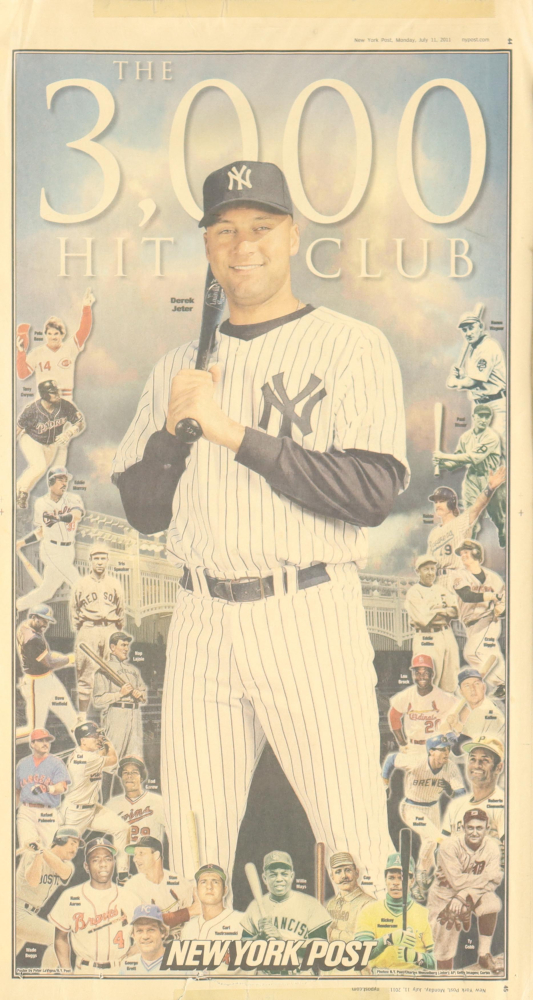 Derek Jeter Signed Yankees Custom Framed Canvas With 3,000 Hit Club New York Post Cover (PSA ...