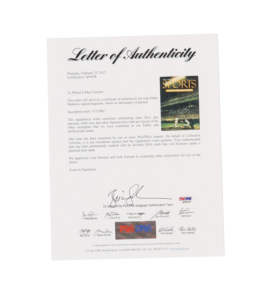 Eddie Mathews Signed 1954 Sports Illustrated Magazine Inscribed "512 ...