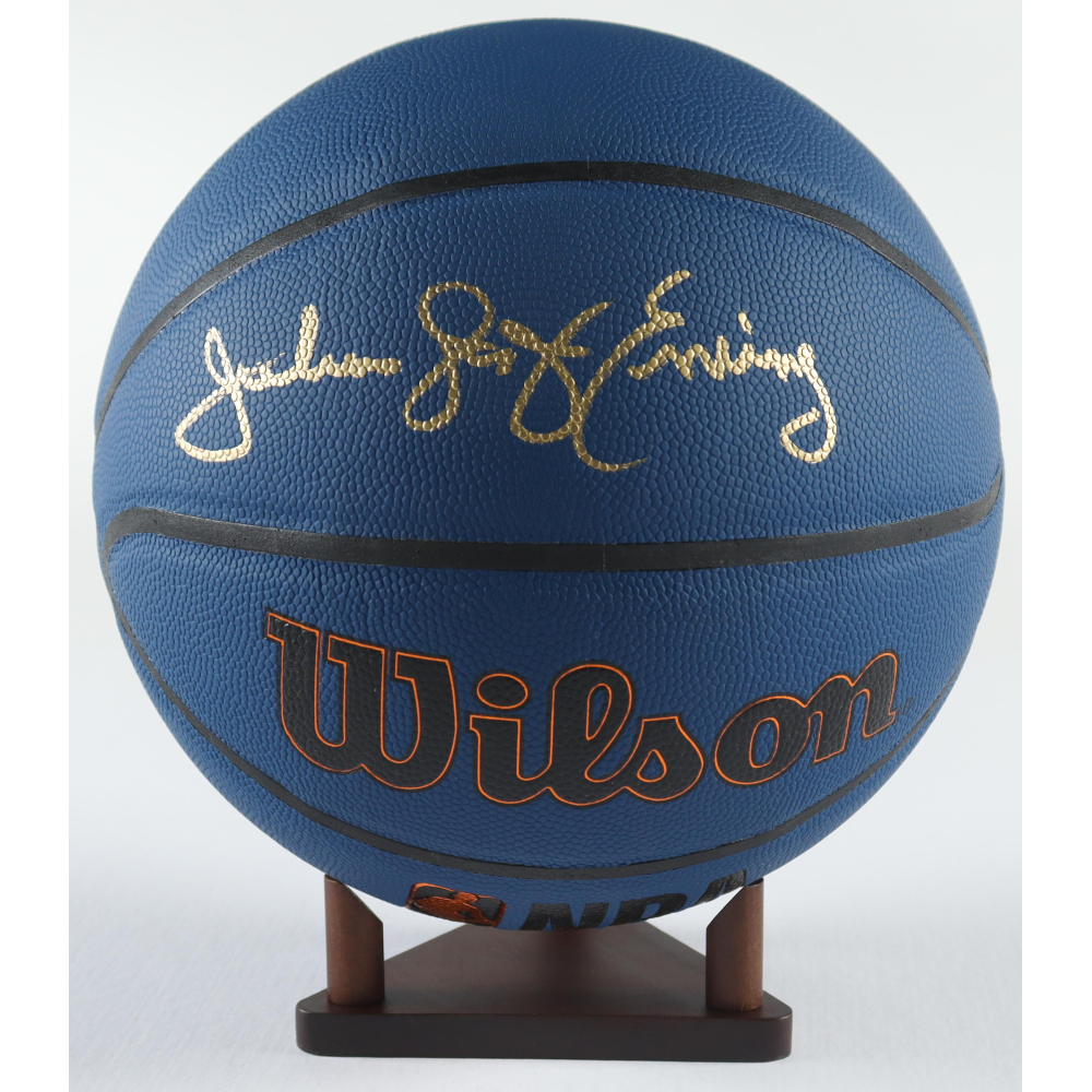 Julius "Dr. J" Erving Signed NBA Basketball with Wood Display Stand ...