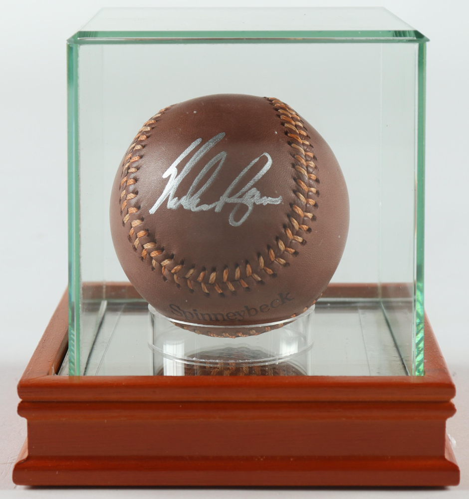 Nolan Ryan Signed Spinnybeck Vintage Brown Leather Baseball with Glass Display Case & Wood Base ...