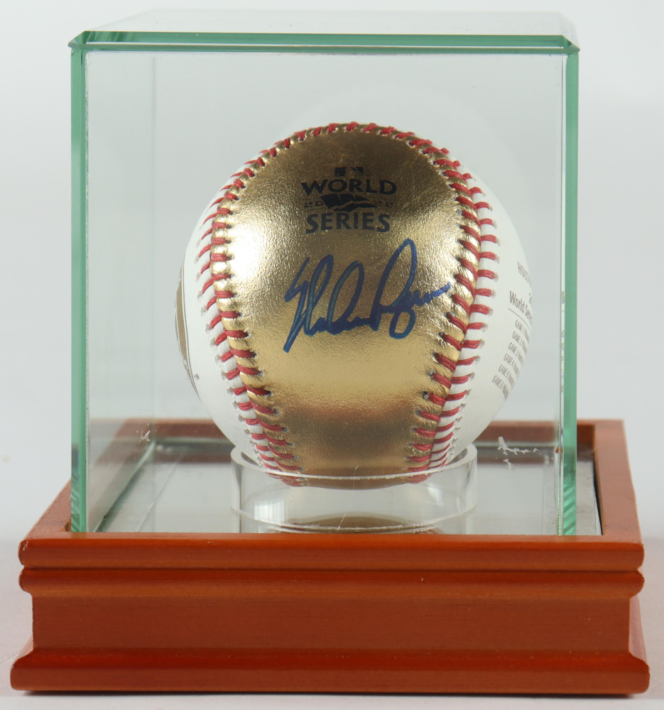Nolan Ryan Signed Astros 2022 World Series Gold Leather Baseball with Glass Display Case & Wood ...