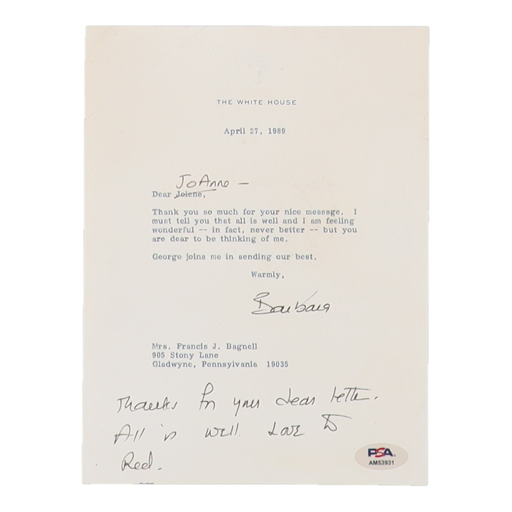 Barbara Bush Signed 1988 Letter on White House Stationary with ...
