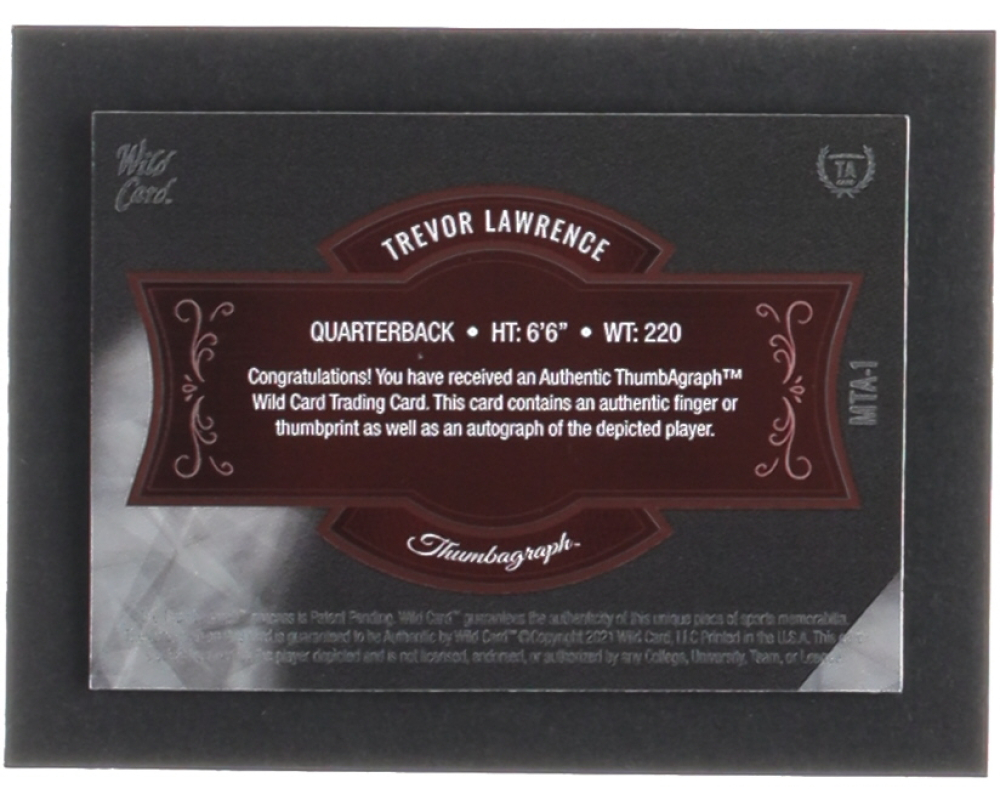 Trevor Lawrence 2021 Wild Card Matte Black Thumbagraphs Red #MTA1 #11/ ...