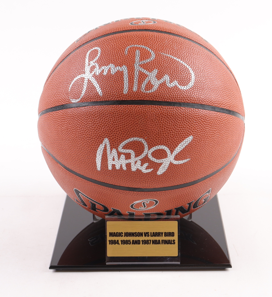 Larry Bird & Magic Johnson Signed Spalding Basketball With New Acrylic Display Stand & Name ...