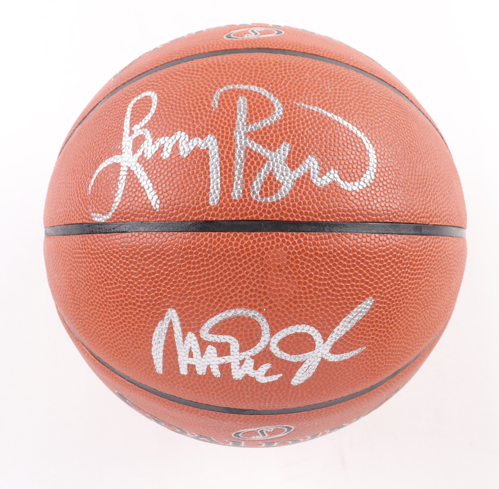 Larry Bird & Magic Johnson Signed Spalding Basketball With New Acrylic Display Stand & Name ...