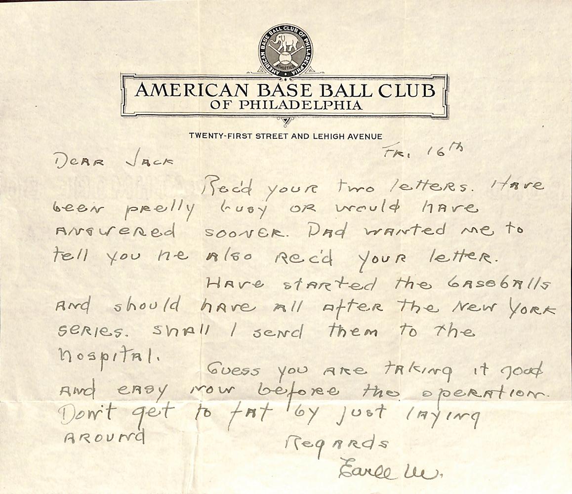 Earle Mack Signed Letter with American Base Ball Club Of Philadelphia ...
