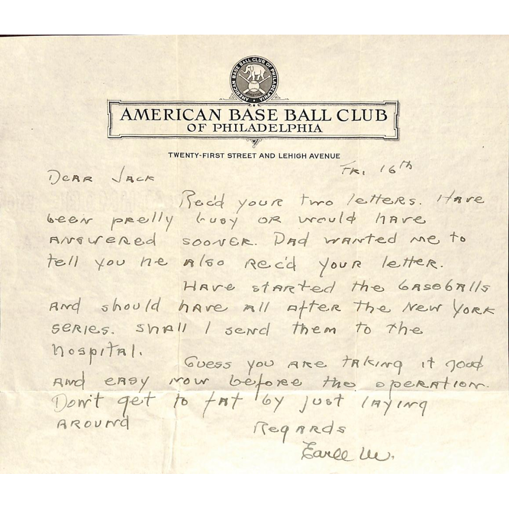 Earle Mack Signed Letter with American Base Ball Club Of Philadelphia ...