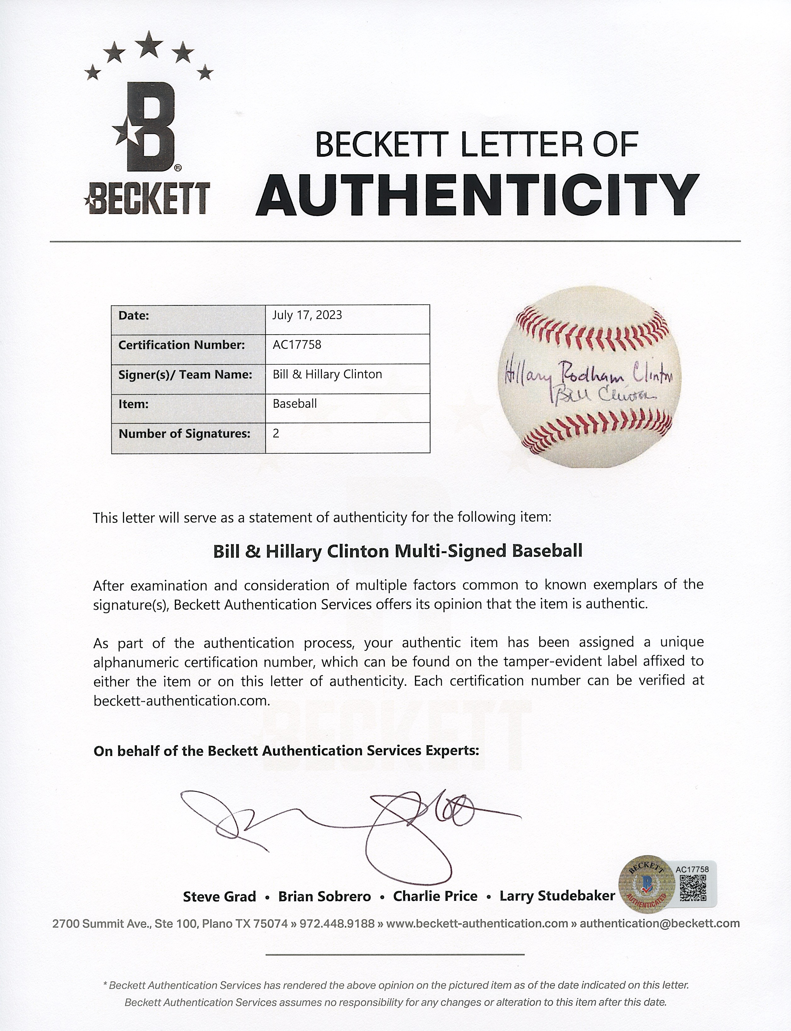 Bill Clinton & Hillary Clinton Dual Signed Baseball (Beckett LOA & PSA ...