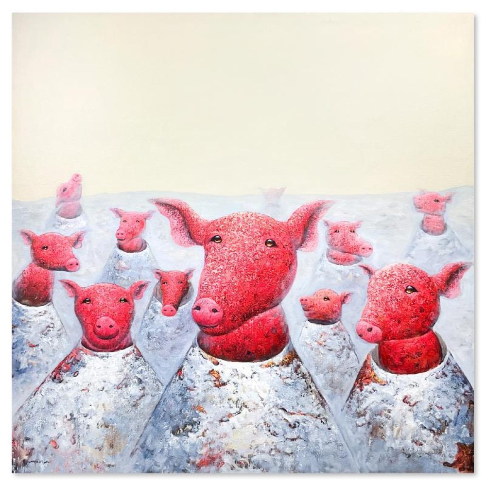 "Moon Pigs" 55x55 Original Mixed Media Painting on Canvas by Wang (PA ...