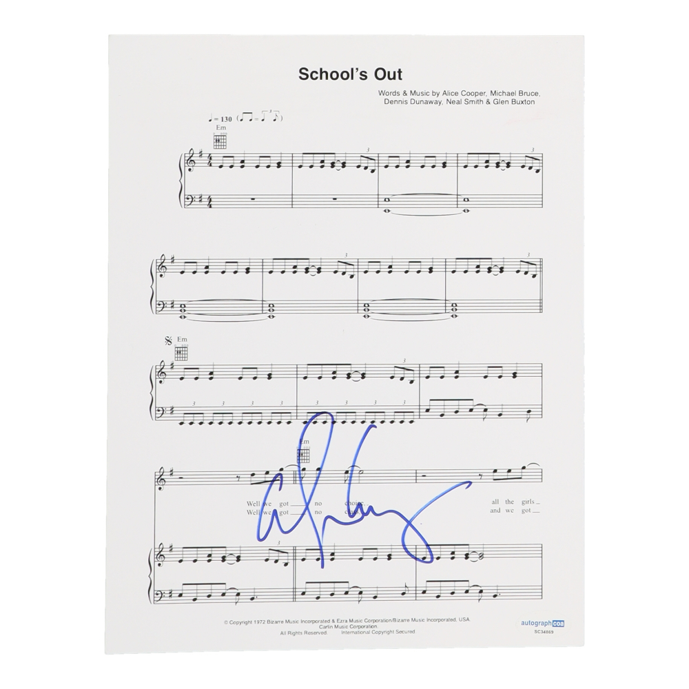 Alice Cooper Signed "School's Out" 8x10 Music Sheet Photo (ACOA ...