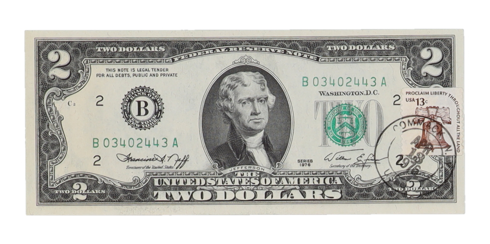 1976 U.S. $2 Two Dollars First Day Issue Legal Tender Note With Stamp ...