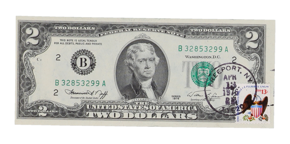 1976 U.S. $2 Two Dollars First Day Issue Legal Tender Note With Stamp ...