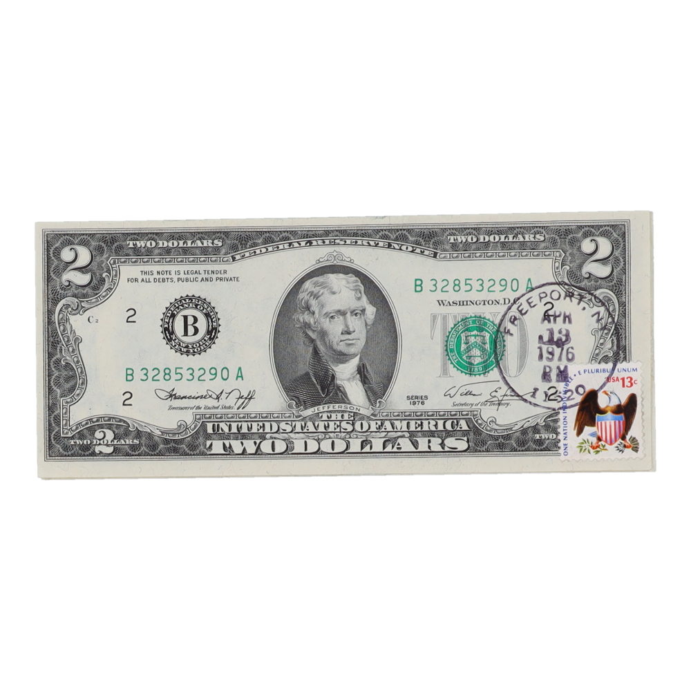 1976 U.S. $2 Two Dollars First Day Issue Legal Tender Note With Stamp ...