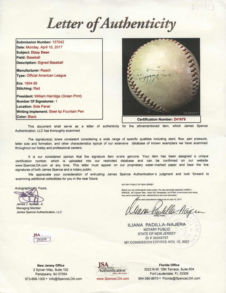 Dizzy Dean Single Signed Vintage OAL Reach Baseball (JSA LOA ...