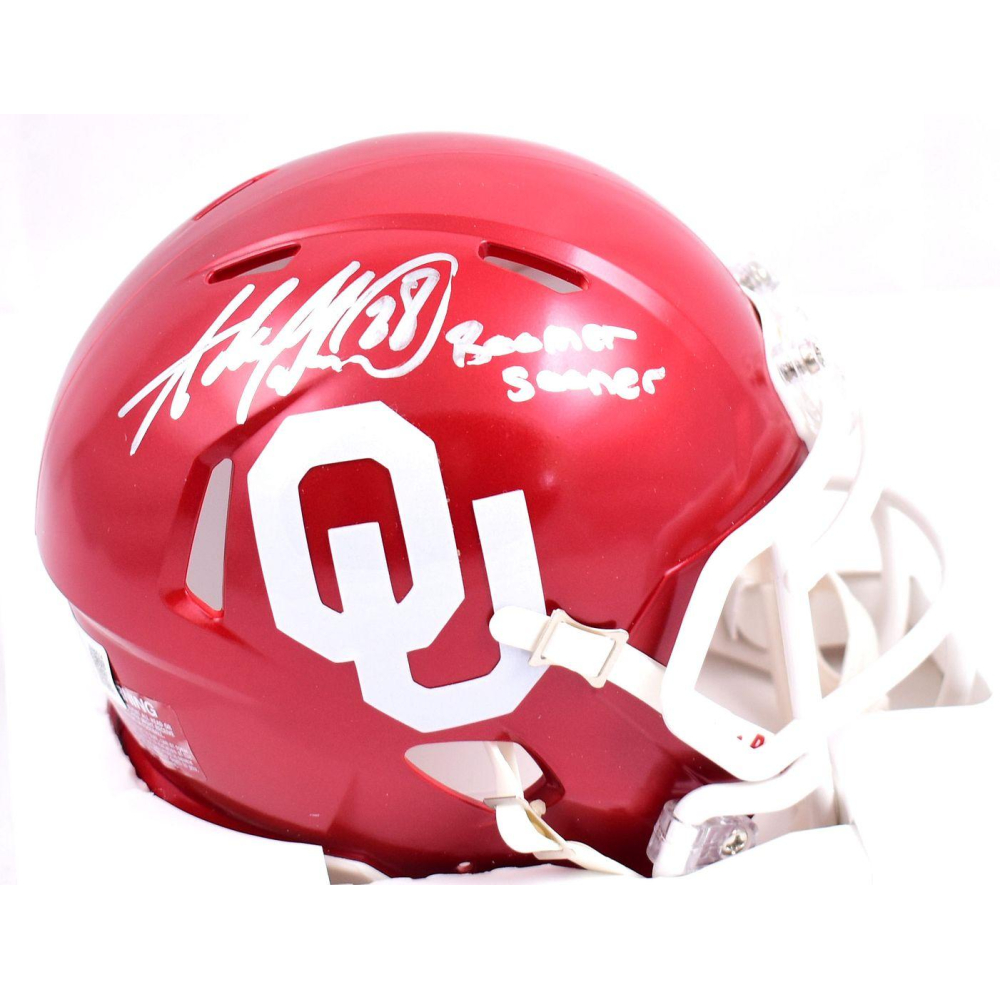 Adrian Peterson Signed Oklahoma Sooners Speed Mini Helmet Inscribed "Boomer Sooner" (Beckett ...