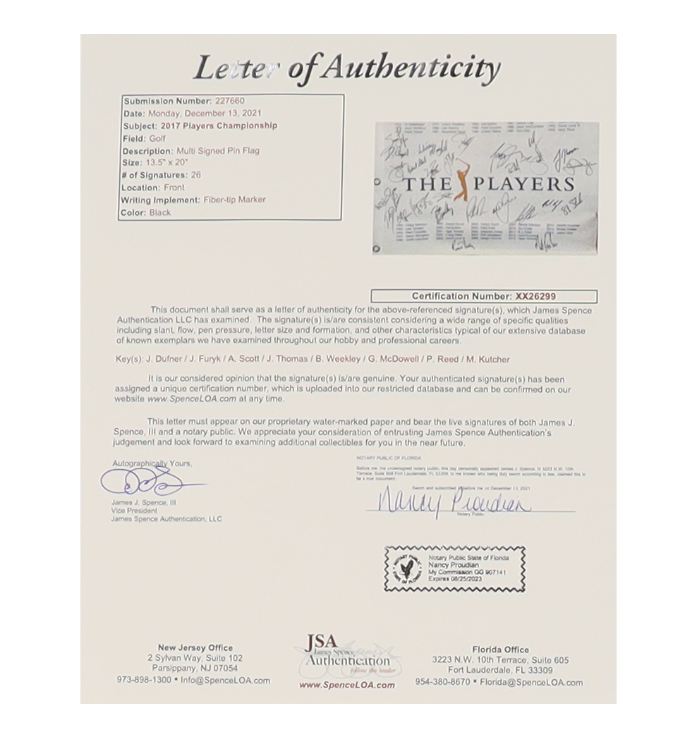 2017 Players Championship Pin Flag Signed by (26) with Jason Dufner ...