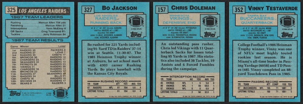 1988 Topps Football Complete Set of (396) Cards with Bo Jackson #327 SR ...