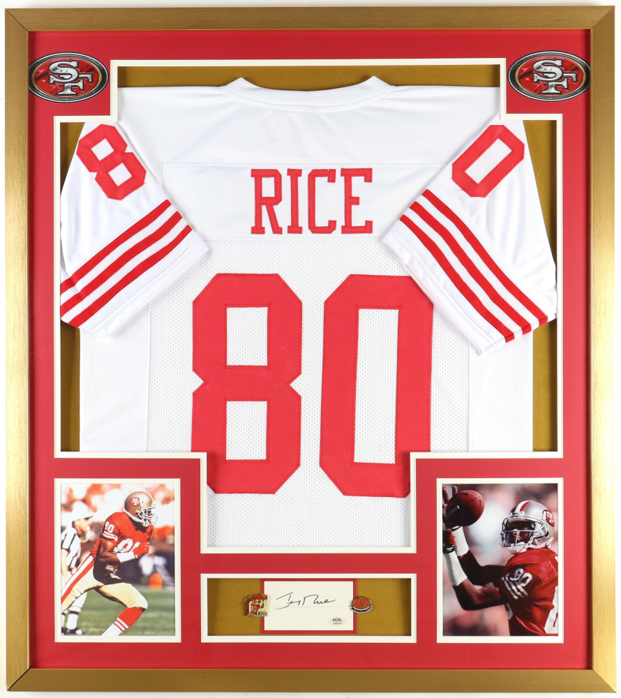 Jerry Rice Signed Custom Framed Cut Display with Jersey & (2) Super ...