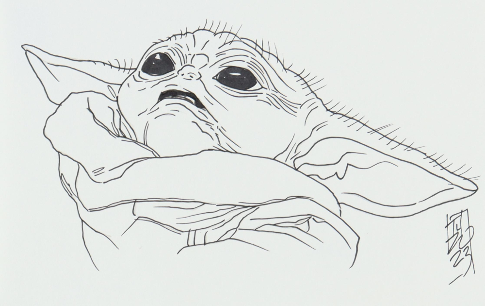 Tom Hodges Signed "Grogu" 5x8 Hand Drawn Sketch (PA) | Pristine Auction
