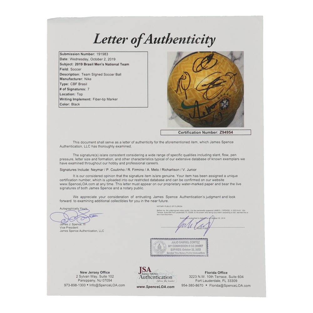 2019 Brazil Men's National Team Brazil Logo Soccer Ball Signed By (7 ...