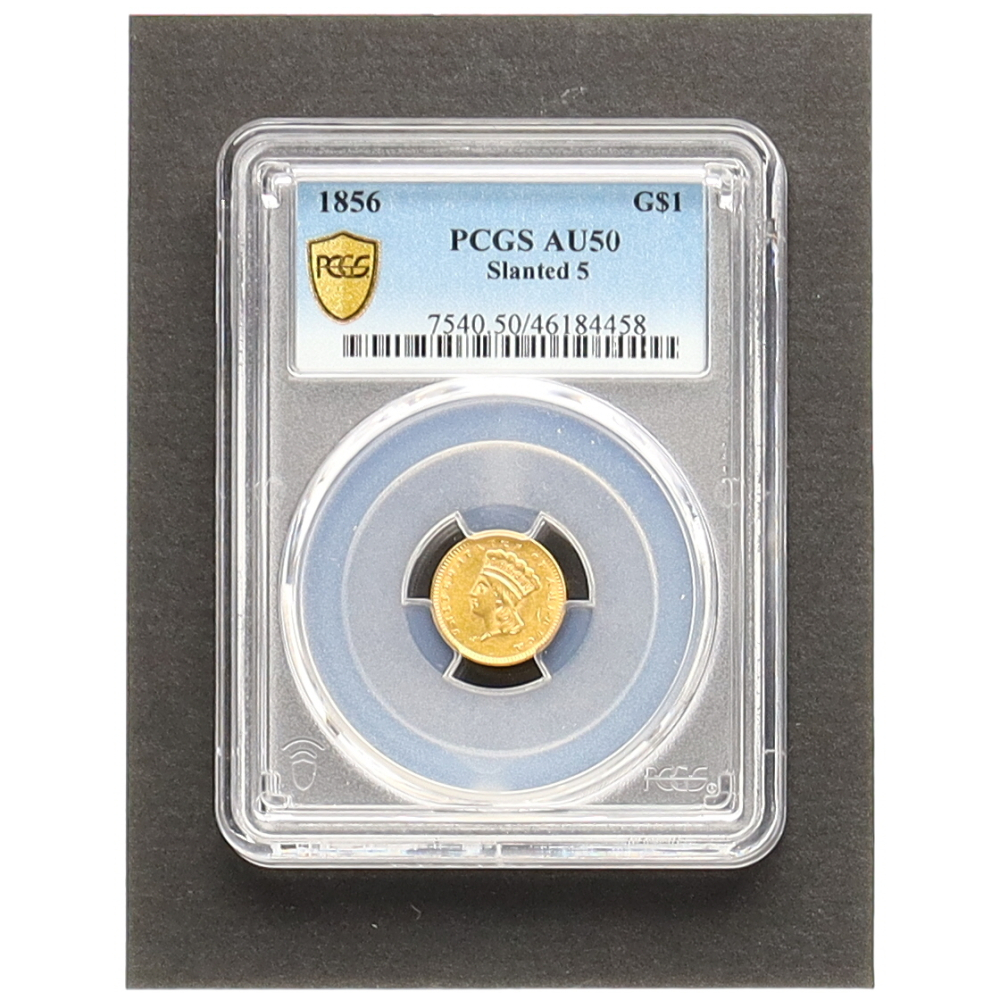 1856 US $1 One Dollar Gold Coin - Slanted 5 (PCGS AU50) | Pristine Auction
