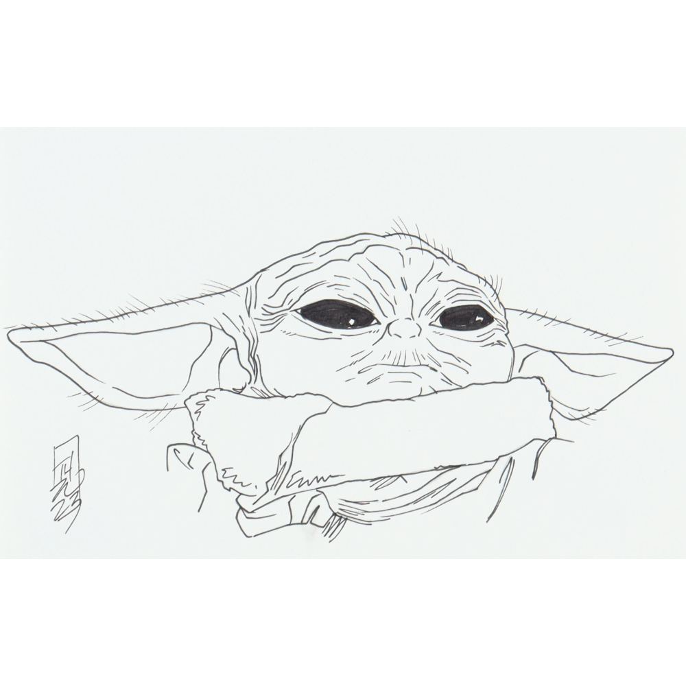 Tom Hodges Signed "Grogu" 5x8 Hand Drawn Sketch (PA) | Pristine Auction