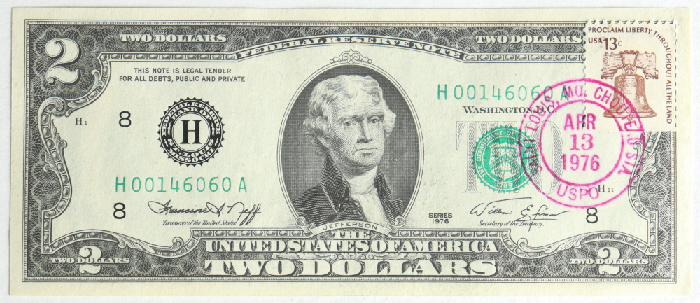 1976 U.S. $2 Two Dollars First Day Issue Legal Tender Note With Stamp ...