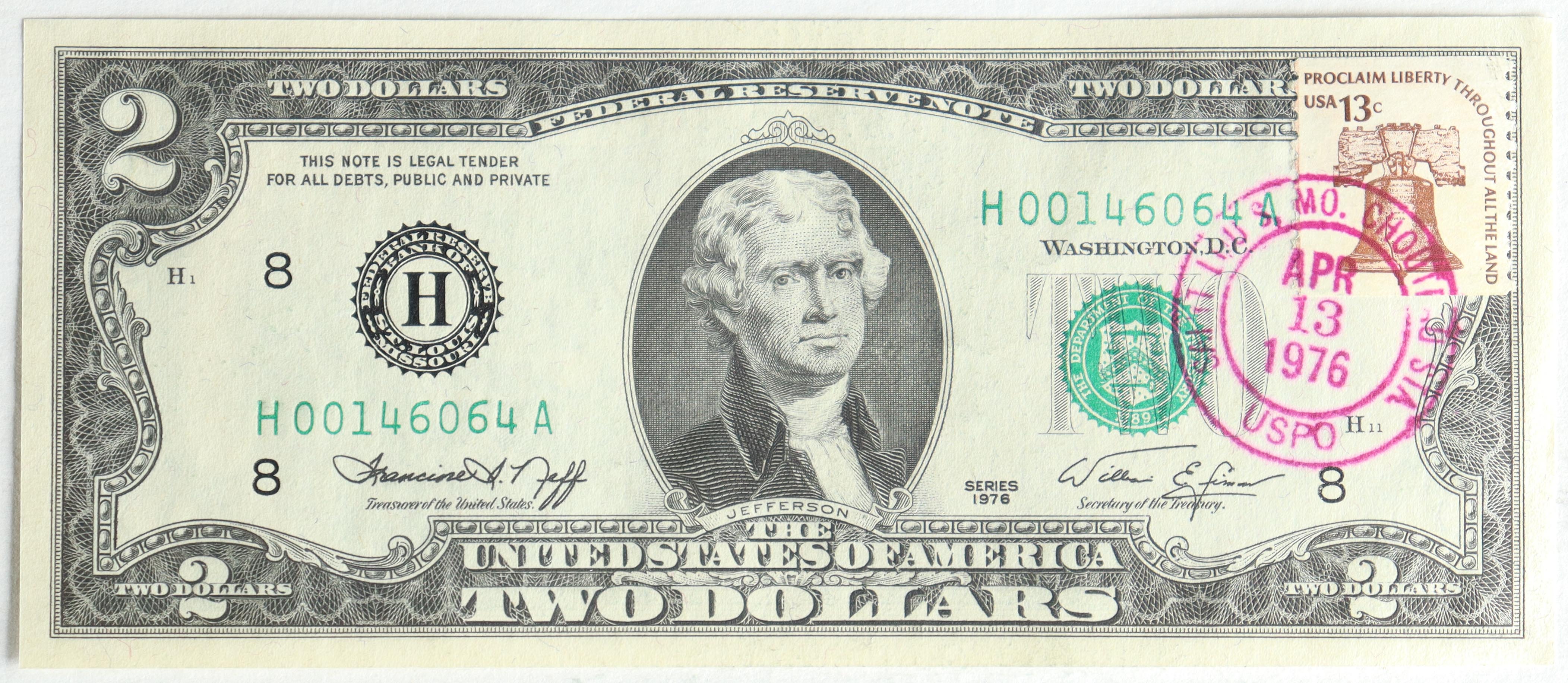 1976 U.S. $2 Two Dollars First Day Issue Legal Tender Note With Stamp ...