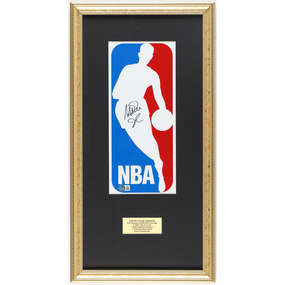 Magic Johnson Signed Custom Framed Vinyl NBA Logo Display (Beckett ...