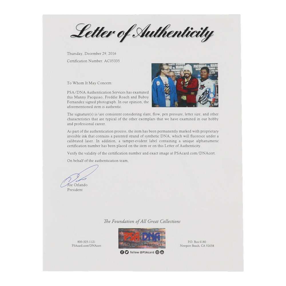 Manny Pacquiao, Buboy Fernandez & Freddie Roach Signed 11x17 Photo (PSA ...