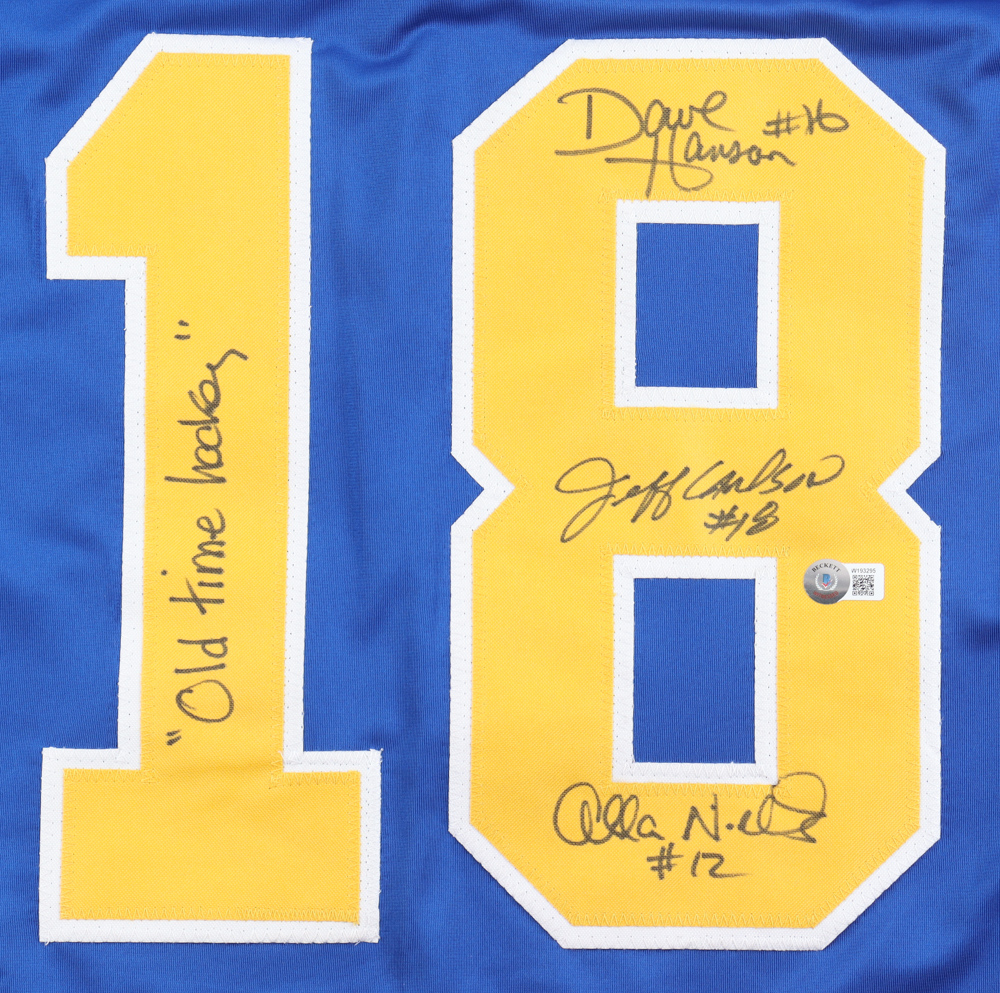 Dave Hanson, Allan F. Nicholls & Jeff Carlson Signed Jersey Inscribed "Old Time Hockey" (Beckett ...