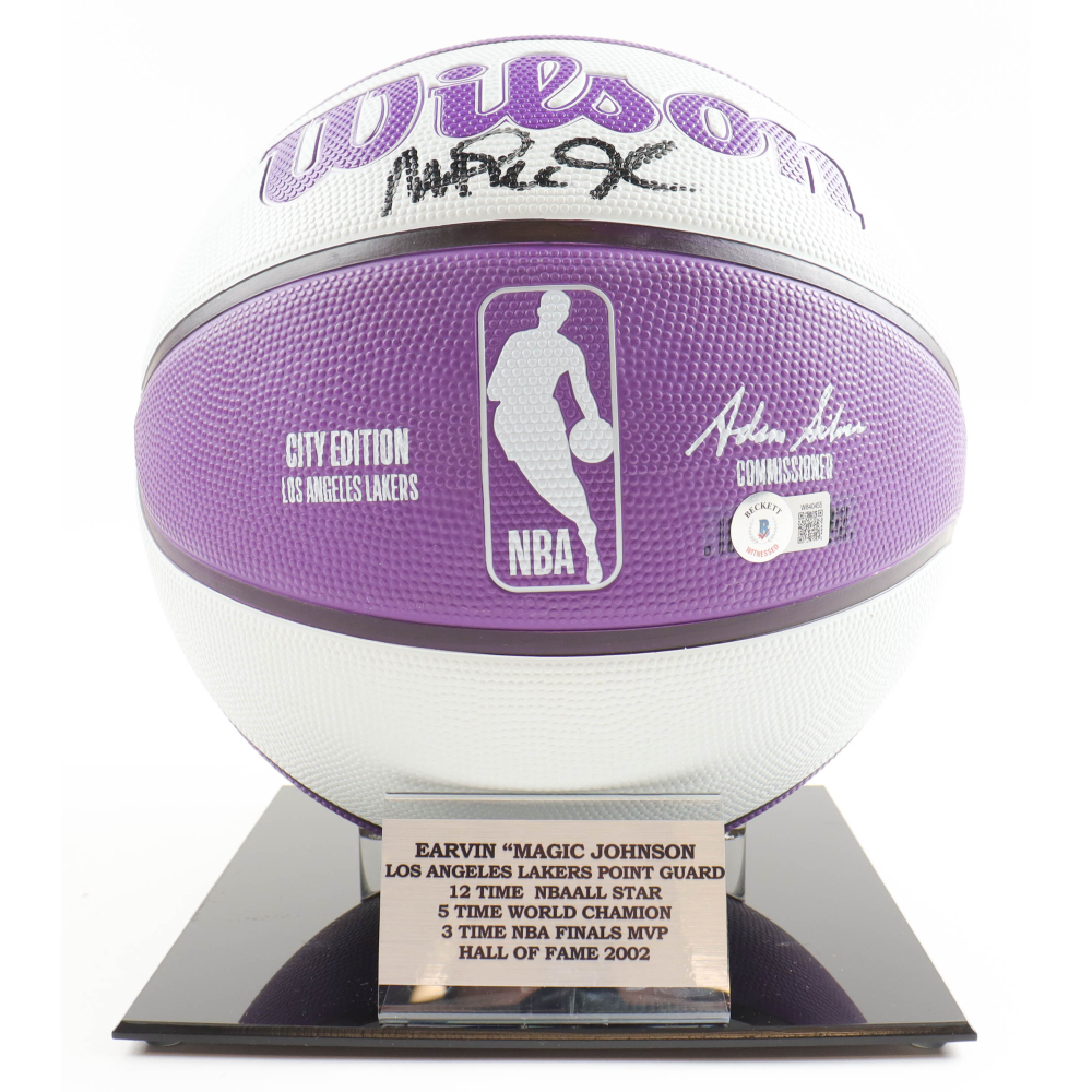 Magic Johnson Signed Lakers Logo NBA Basketball With Name Plate ...