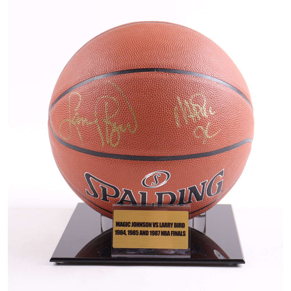 Larry Bird & Magic Johnson Signed Spalding Basketball With New Acrylic Display Stand & Name ...