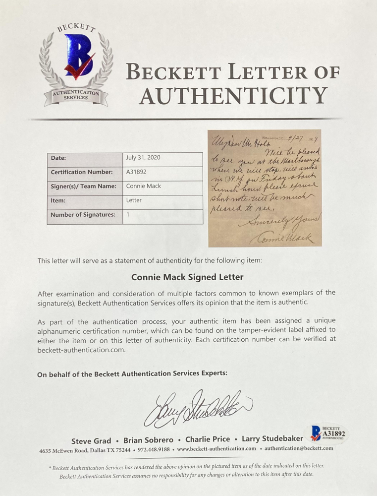 Connie Mack Signed 1909 Hand-Written Letter (Beckett) | Pristine Auction