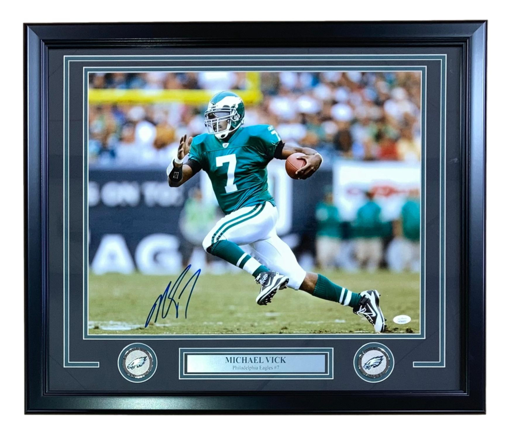 Michael Vick Signed Eagles Custom Framed Photo Display (JSA) | Pristine ...