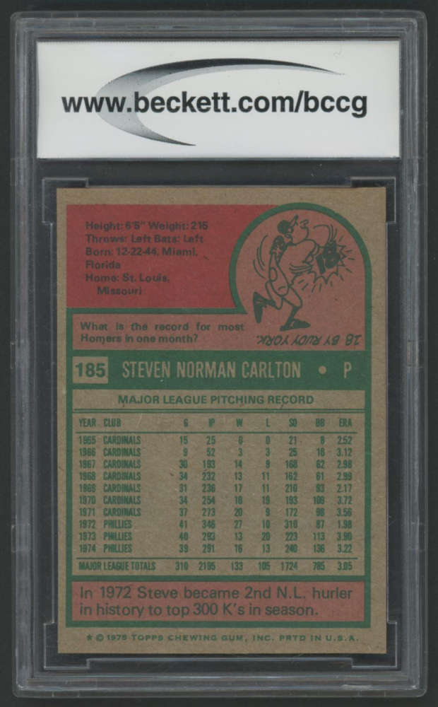 Steve Carlton 1975 Topps #185 (BCCG 10) | Pristine Auction