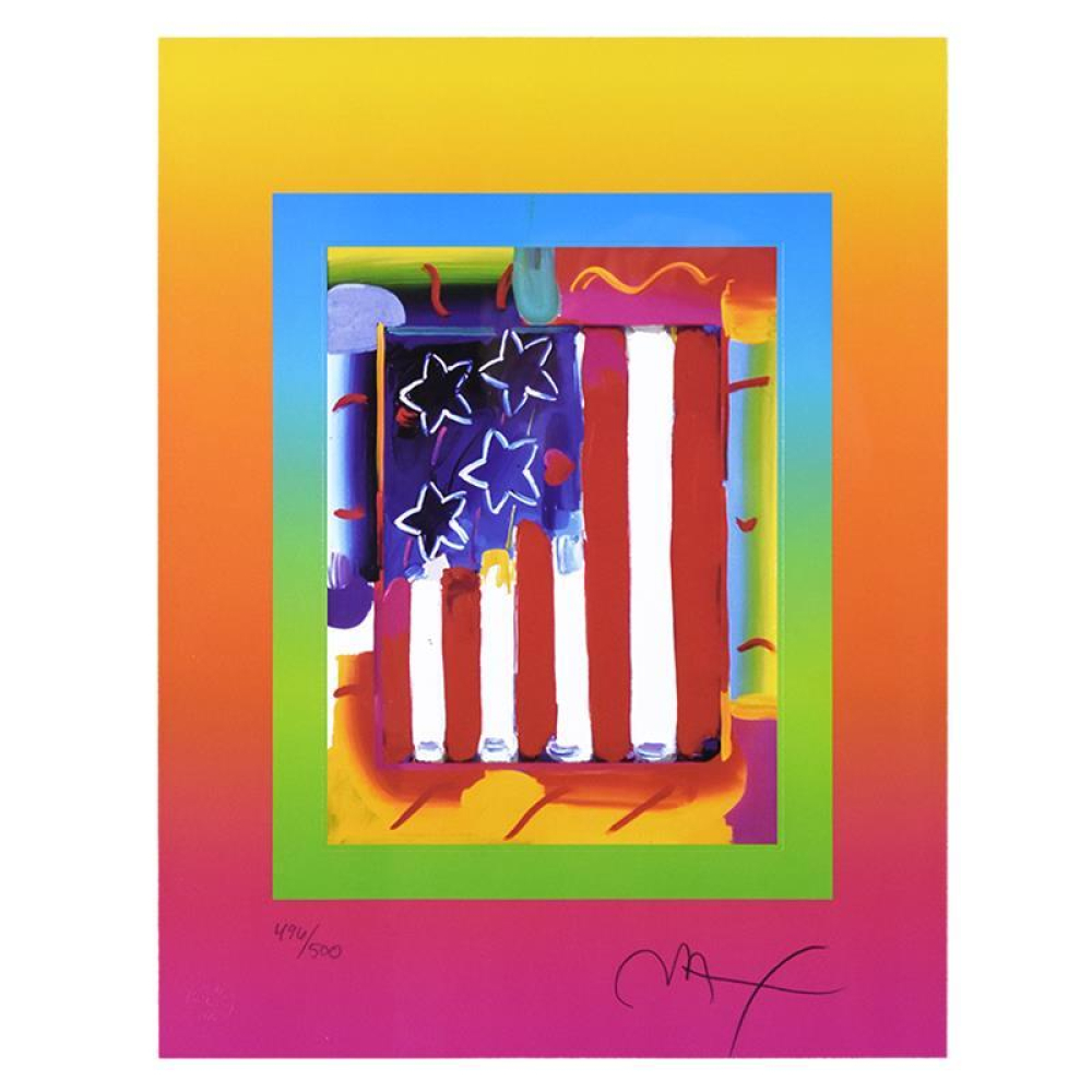 Peter Max Signed "Flag with Heart on Blends III" LE 31x28 Custom Framed ...