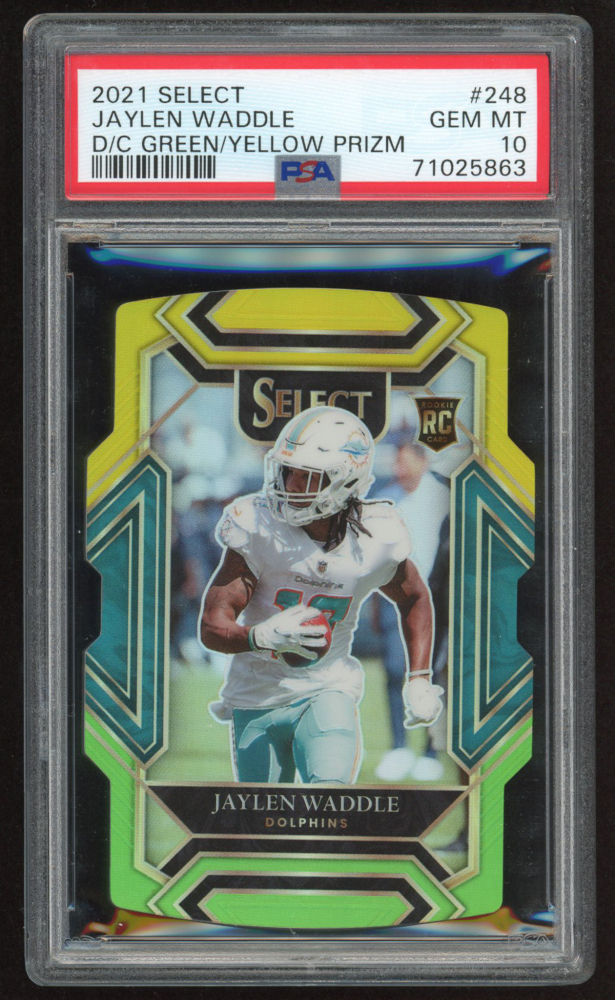 Jaylen Waddle 2021 Select #248 Club Level Green & Yellow Die-Cut PSA 10 ...