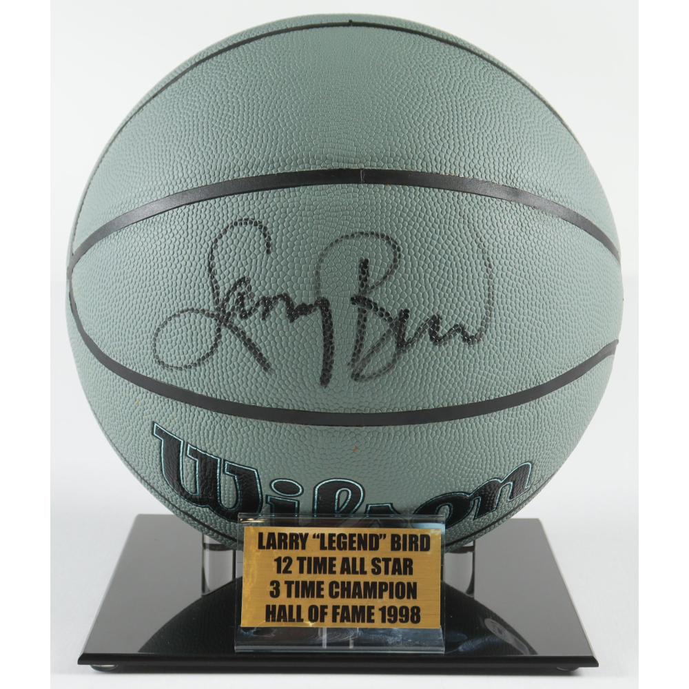 Larry Bird Signed NBA Green Basketball With Acrylic Display Stand & Nameplate (Beckett ...