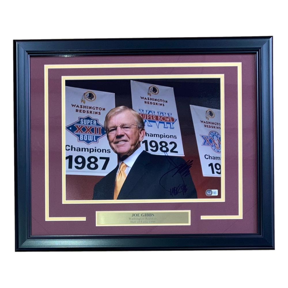 Joe Gibbs Signed Redskins Custom Framed Photo Inscribed "HOF 96 ...