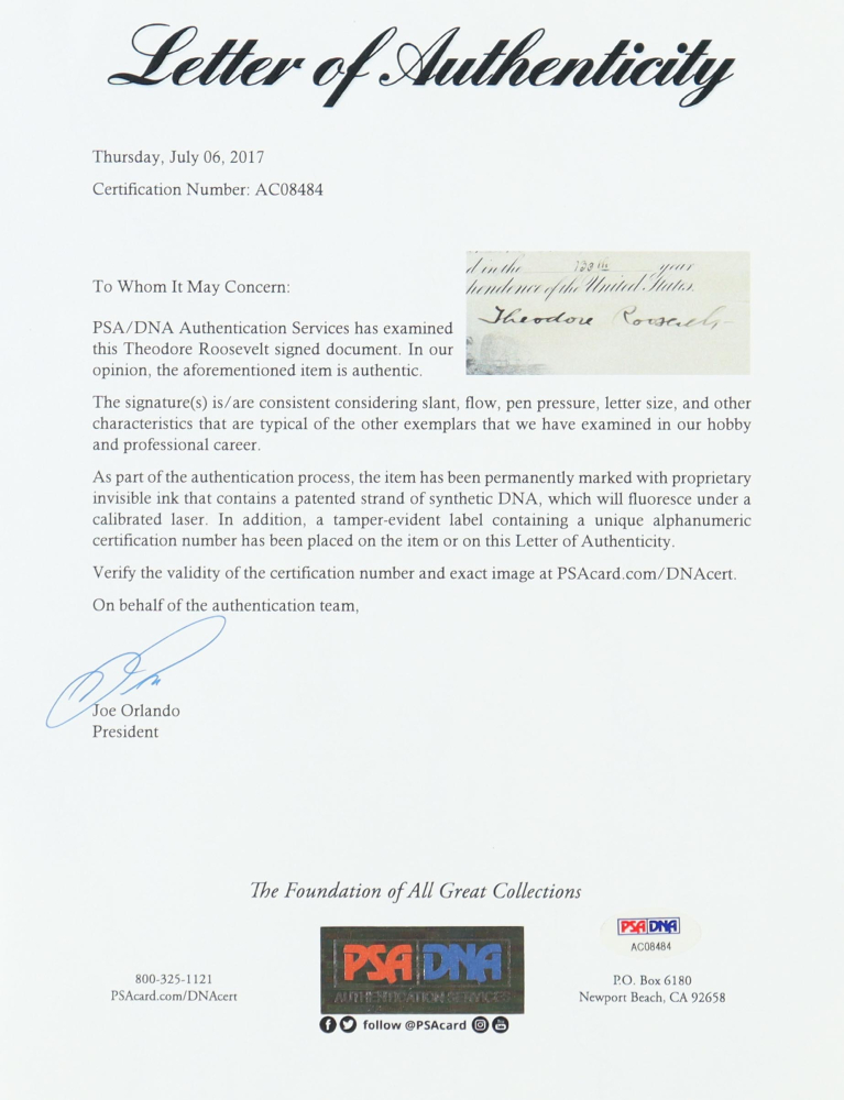 Theodore Roosevelt Signed Original 1906 Government Presidential ...