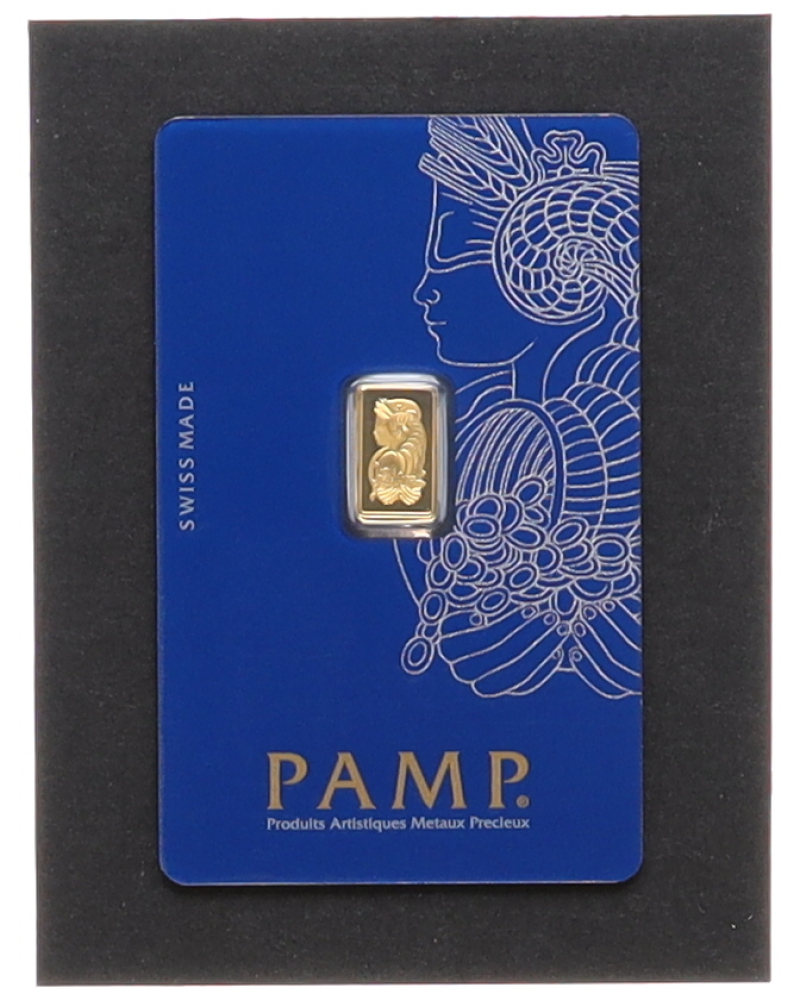 PAMP Suisse 1g 999.9 Fine Gold Lady Fortuna Bar in Assay | Pristine Auction