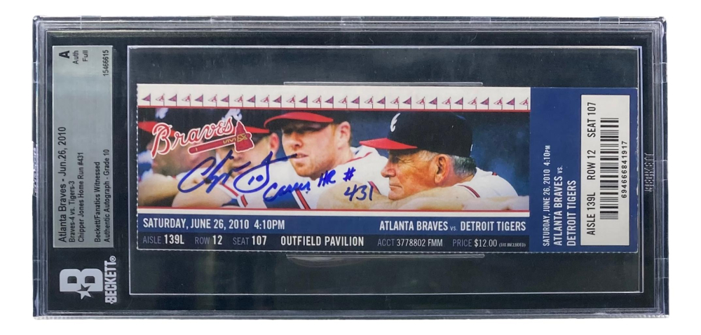 Chipper Jones Signed Braves Career HR #431 Game Ticket Inscribed ...