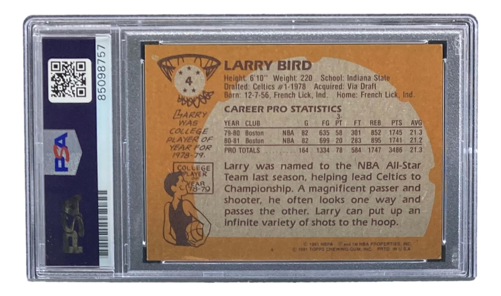 Larry Bird Signed 1981-82 Topps #4 (PSA | Autograph Graded 10 ...