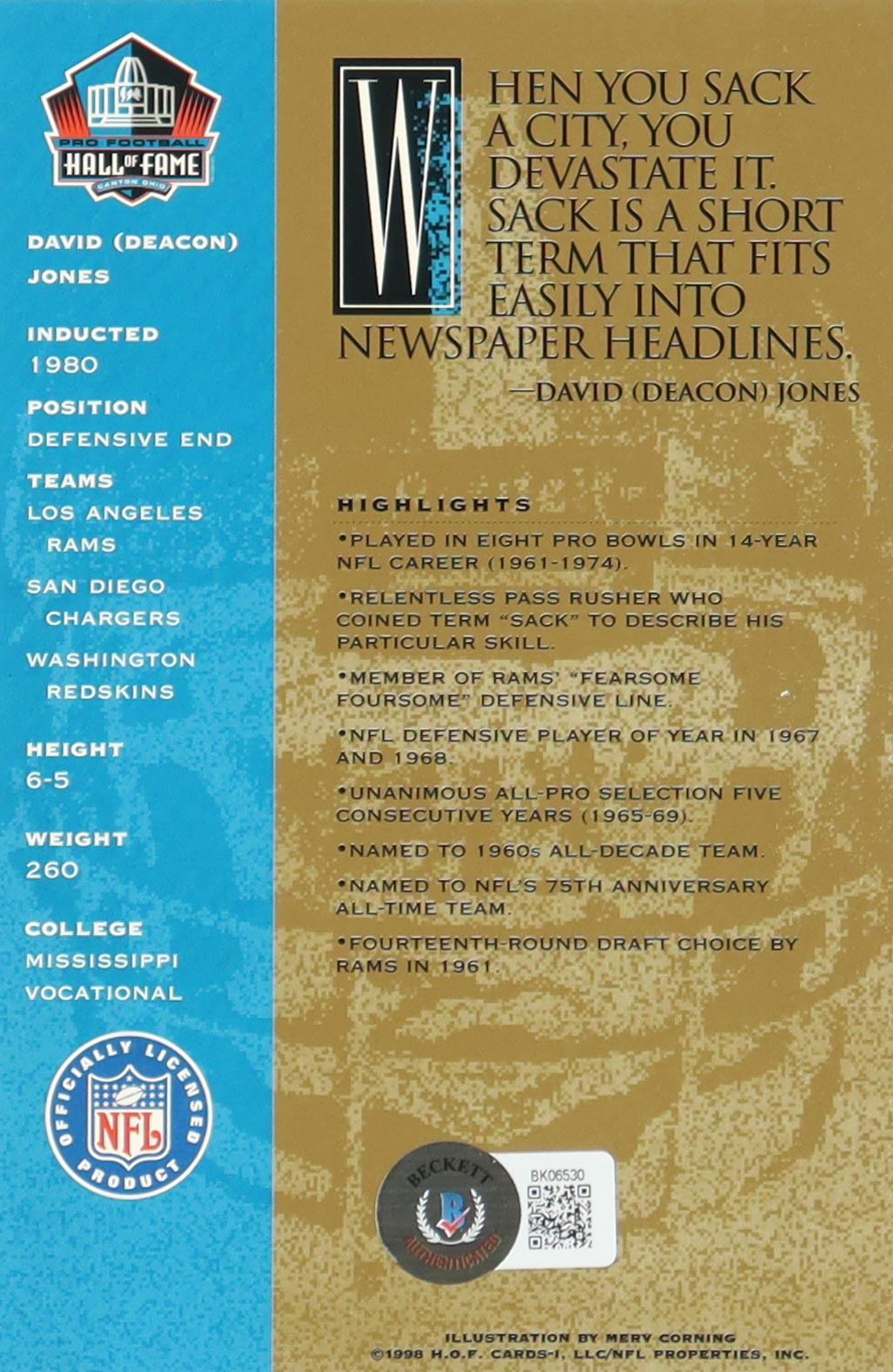 Deacon Jones 1998 Ron Mix HOF Platinum Autographs #48 (Beckett ...