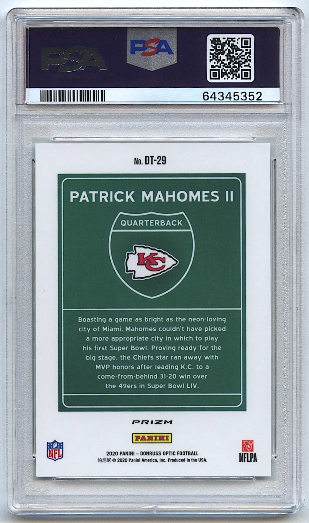 Patrick Mahomes II 2020 Donruss Optic Downtown #29 (PSA 10) | Pristine ...