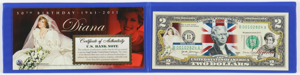 Princess Diana Genuine Legal Tender Colorized U.S. $2.00 Two Dollar Bill Commemorative Edition ...