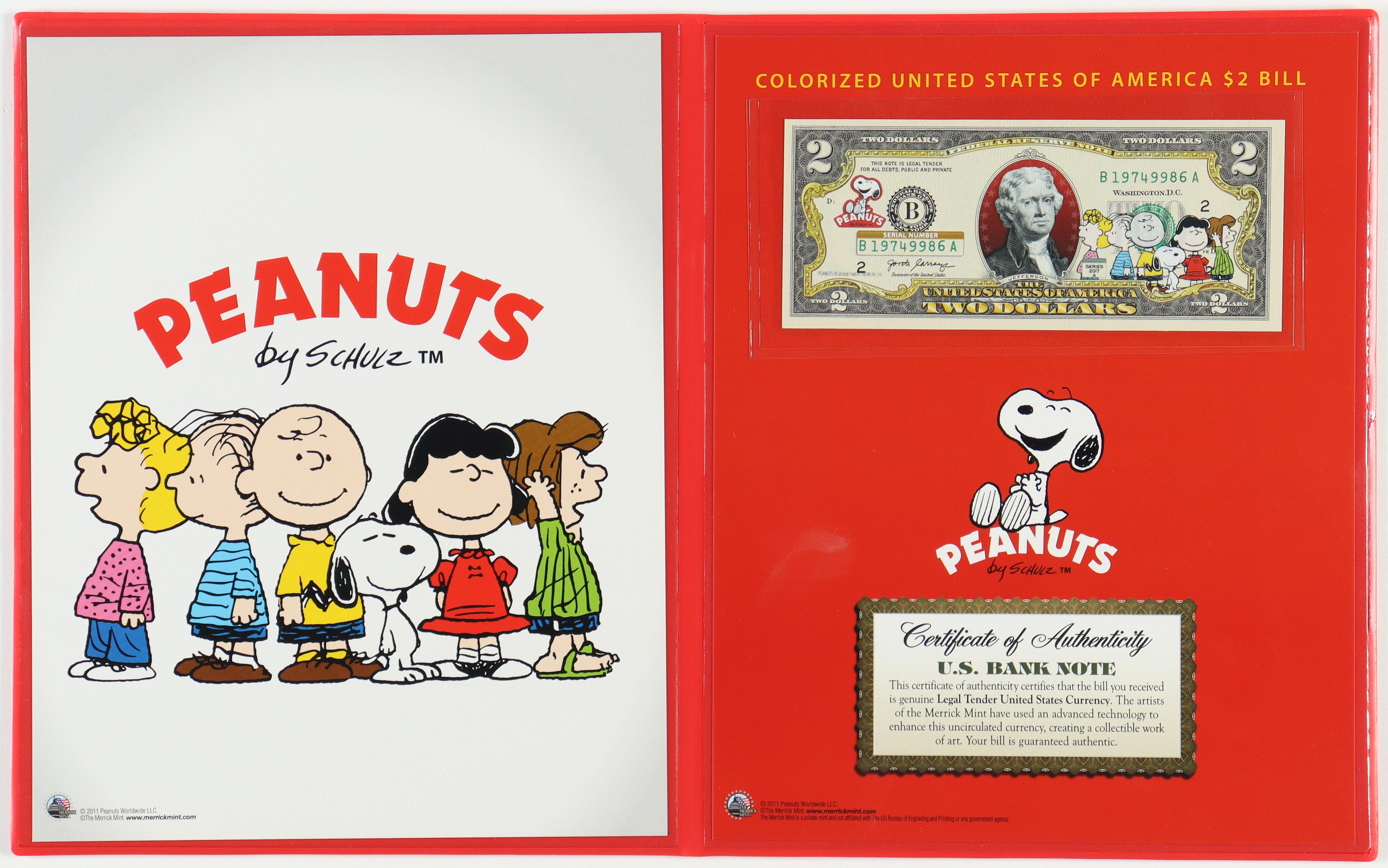 Peanuts Colorized $2 Two-Dollar Bill In Presentation Folder | Pristine ...
