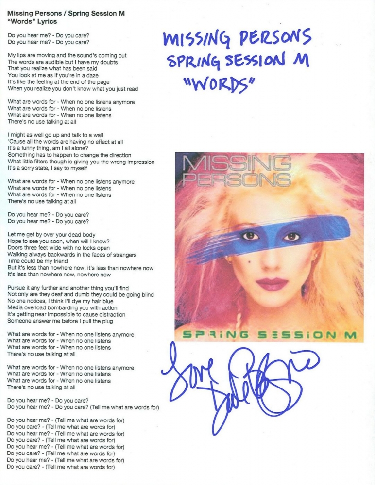 Dale Bozzio Signed "Words" 8x11 Lyrics Sheet Inscribed "Missing Persons ...