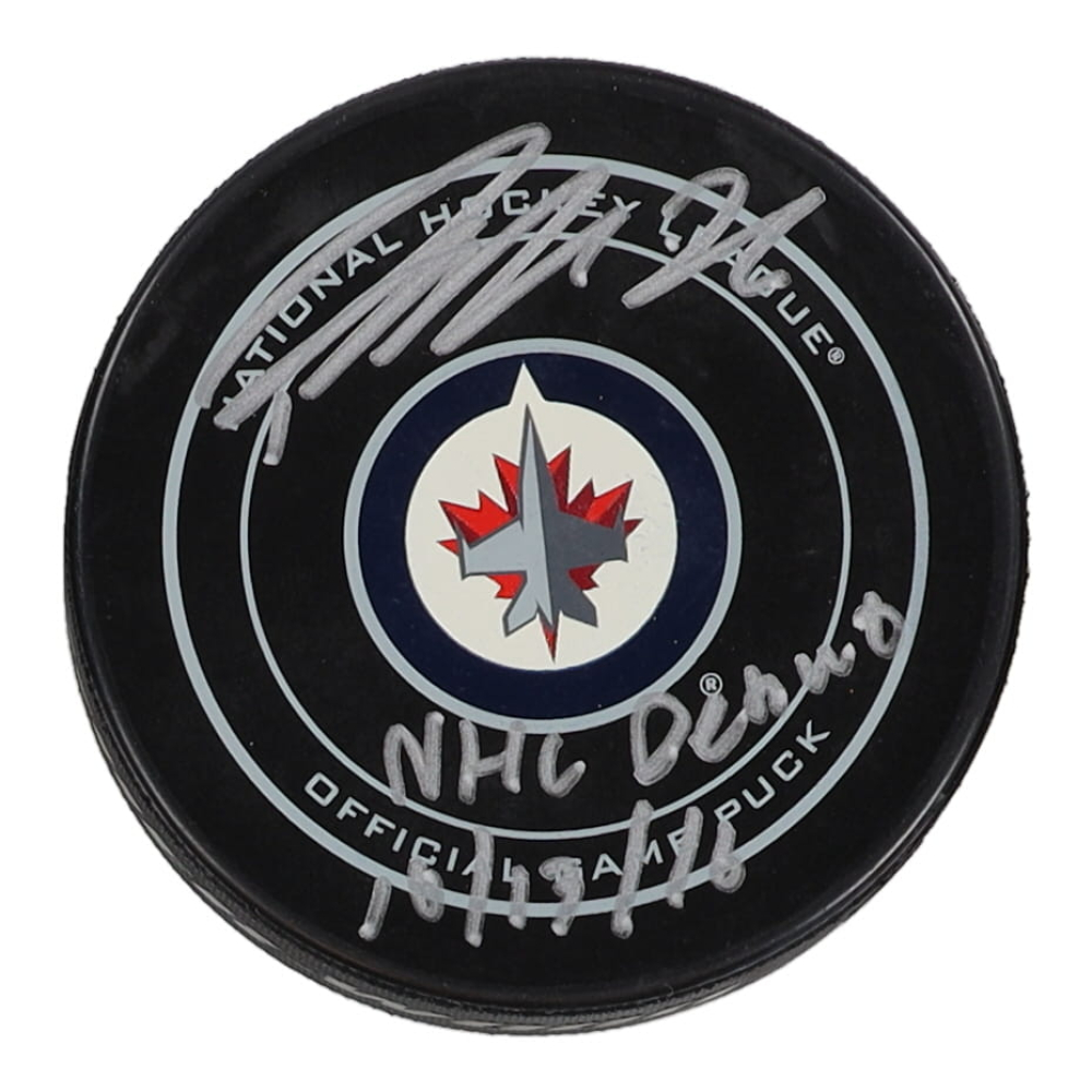 Patrik Laine Signed Jets Logo Hockey Puck Inscribed "NHL Debut 10/13/16 ...